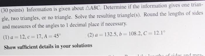 Solved (30 points) Information is given about AABC. | Chegg.com