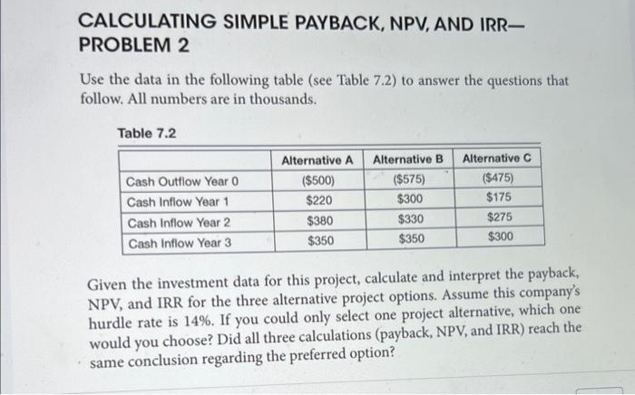 Solved CALCULATING SIMPLE PAYBACK, NPV, AND IRRPROBLEM 2 Use | Chegg.com