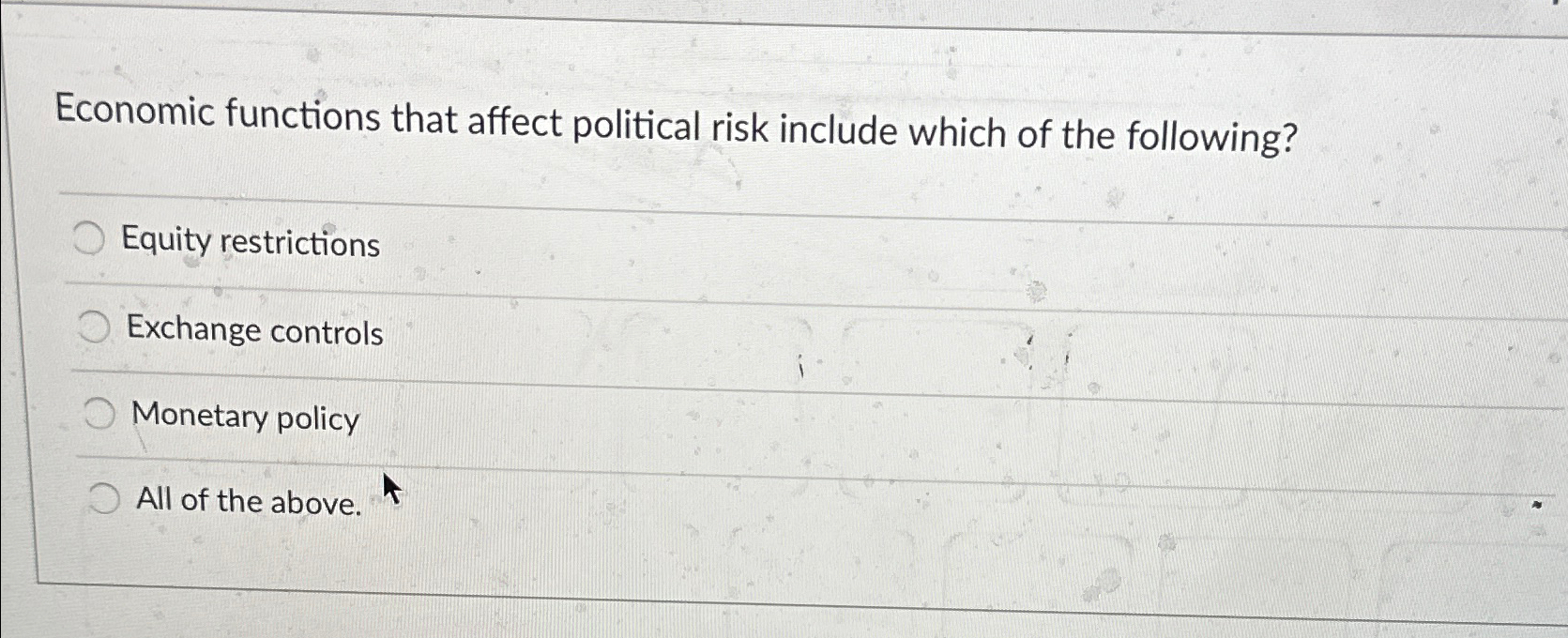 Solved Economic functions that affect political risk include | Chegg.com