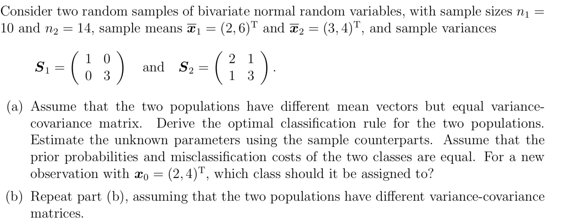 Solved Consider two random samples of bivariate normal | Chegg.com