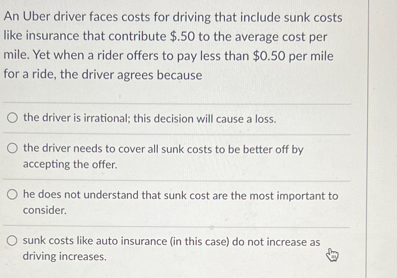 Solved An Uber driver faces costs for driving that include | Chegg.com