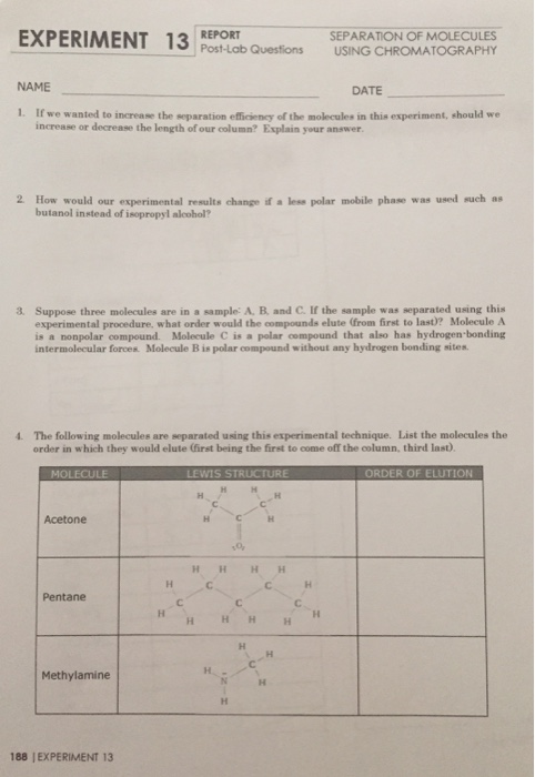 Solved EXPERIMENT 13 REPORT Data Sheet SEPARATION OF | Chegg.com