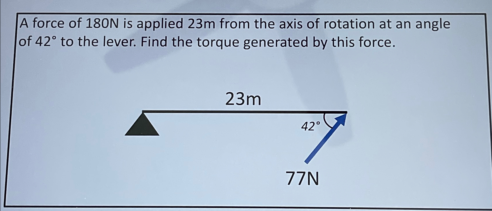 Solved A force of 180N ﻿is applied 23m ﻿from the axis of | Chegg.com