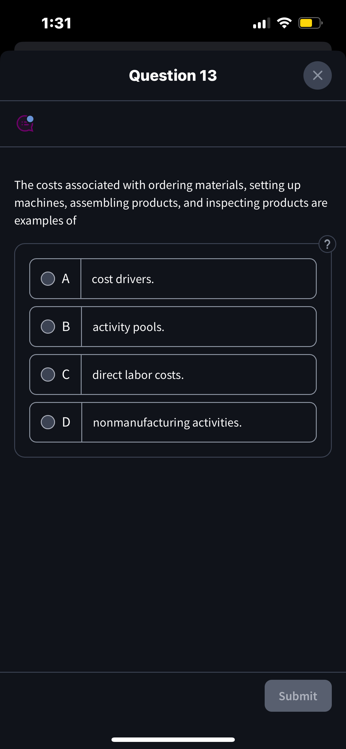 Solved 1:31Question 13The costs associated with ordering | Chegg.com