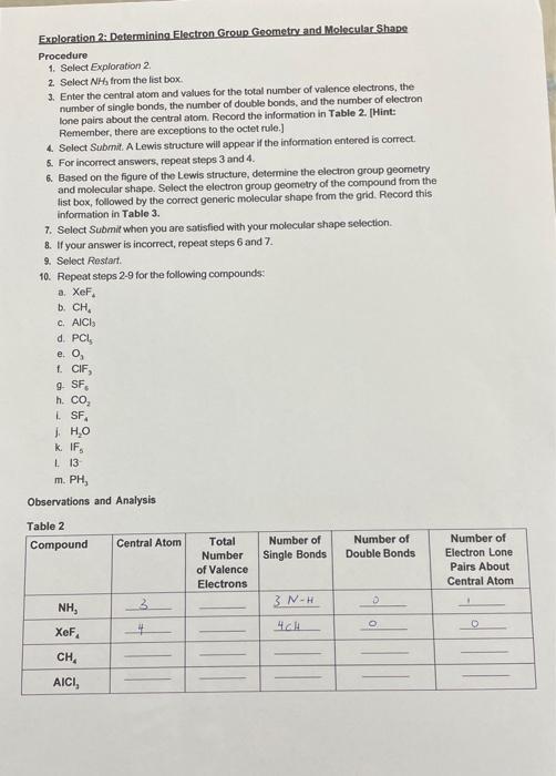 Solved Exploration 2; Determining Electron Group Geometry | Chegg.com
