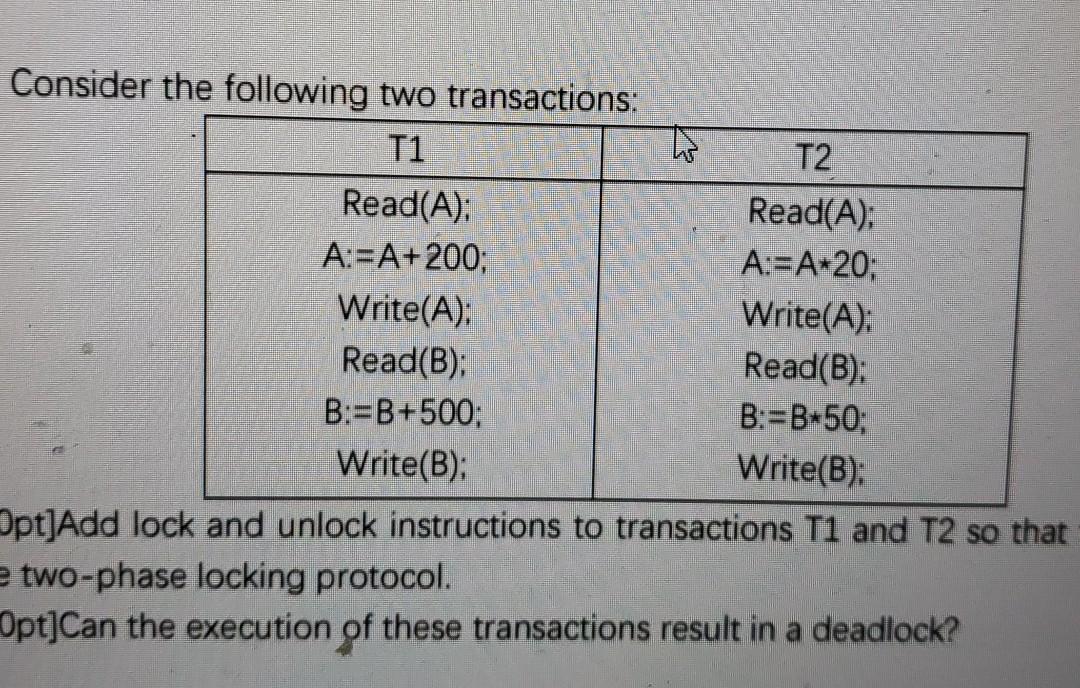 Solved Consider the following two transactions: T1 T2 | Chegg.com