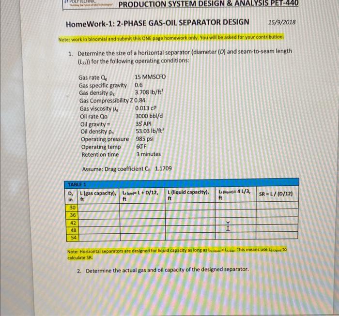 Solved 1. Determine the size of a horizontal separator | Chegg.com