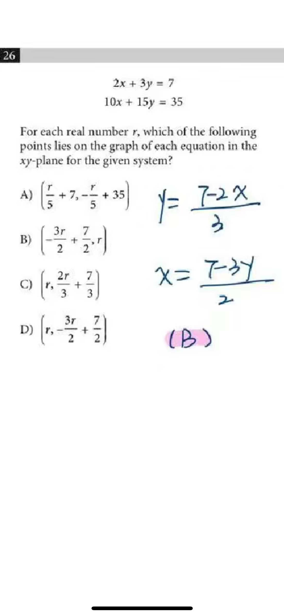 Solved 262x+3y=710x+15y=35For each real number r, ﻿which of | Chegg.com