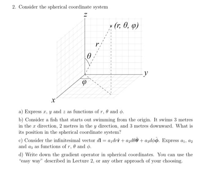 [Solved]: 2. Consider the spherical coordinate system a) Ex