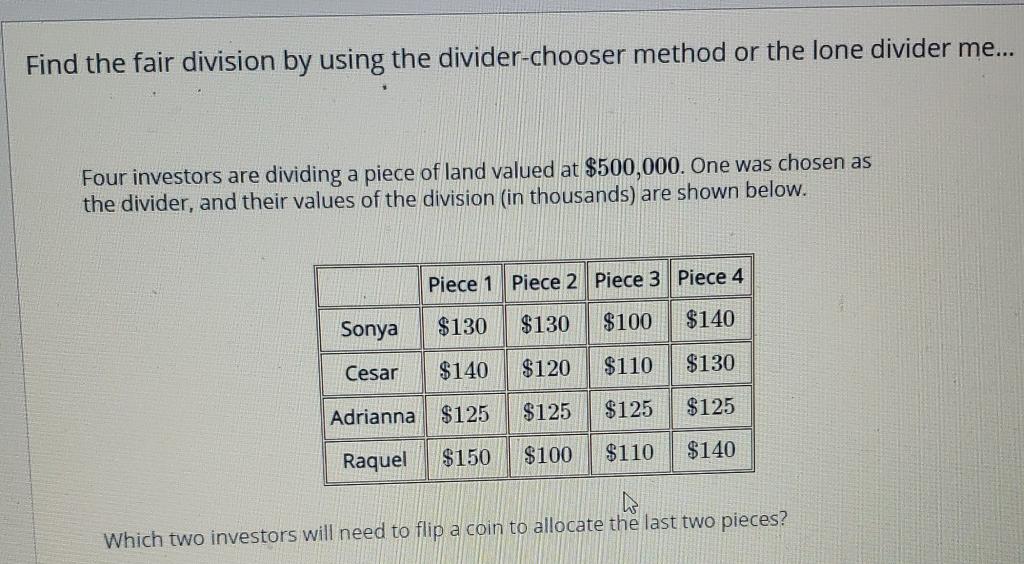Solved Find the fair division by using the divider-chooser | Chegg.com