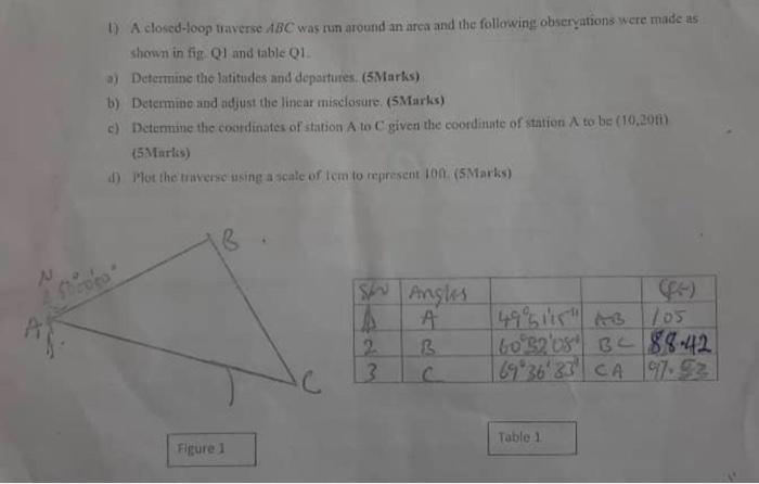 Solved D) A closed-loop traverse ABC was run around an area | Chegg.com