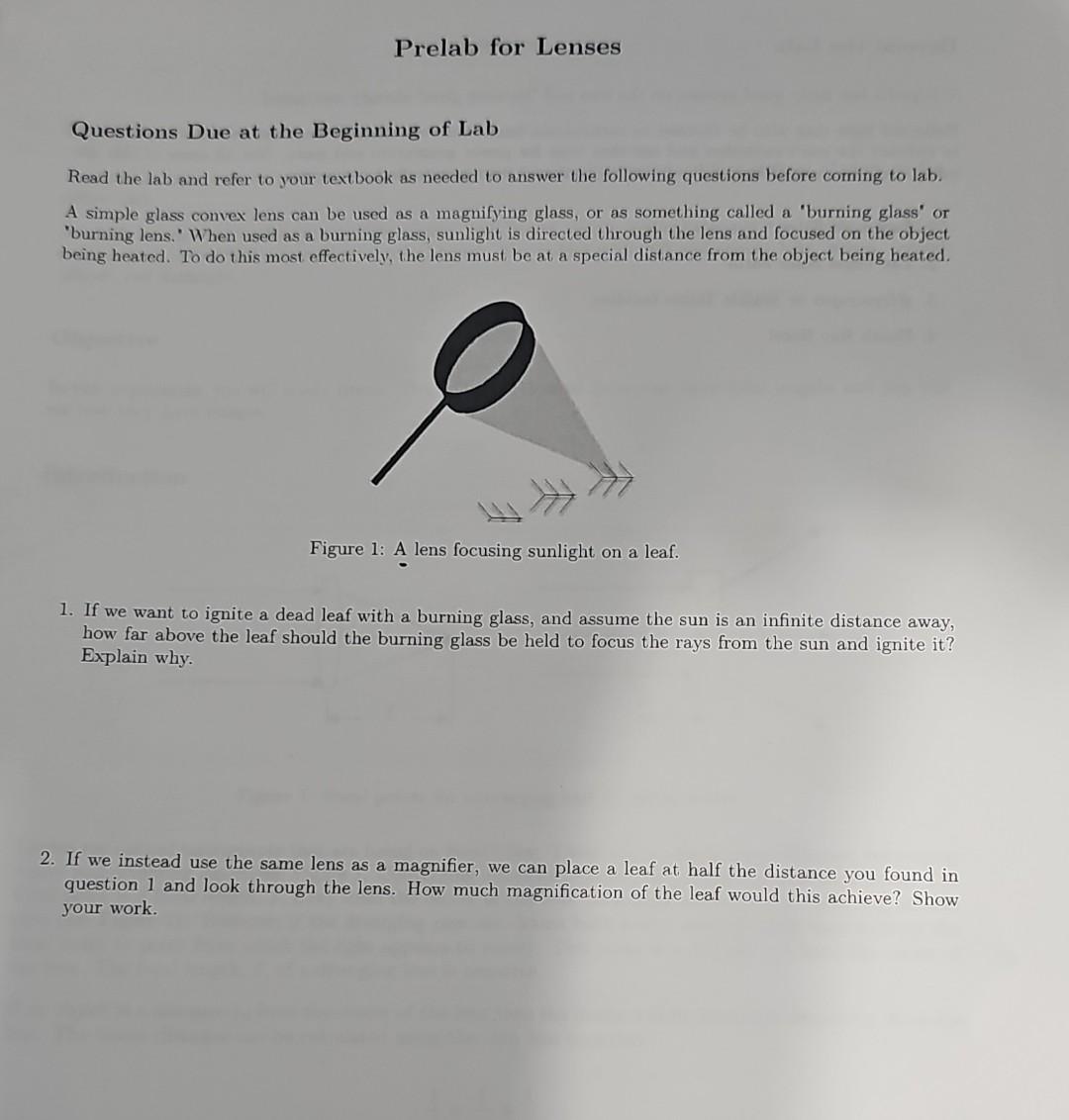 Solved Prelab for Lenses Questions Due at the Beginning of | Chegg.com