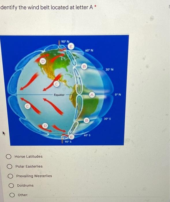 Solved dentify the wind belt located at letter A* O'N 30 N | Chegg.com