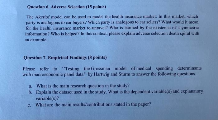 Solved Question 6. Adverse Selection (15 points) The Akerlof | Chegg.com