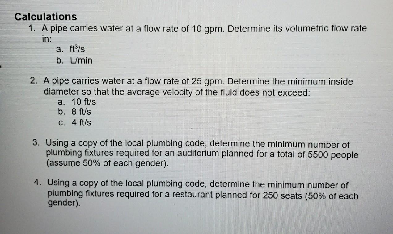 Solved Calculations 1. A pipe carries water at a flow rate | Chegg.com