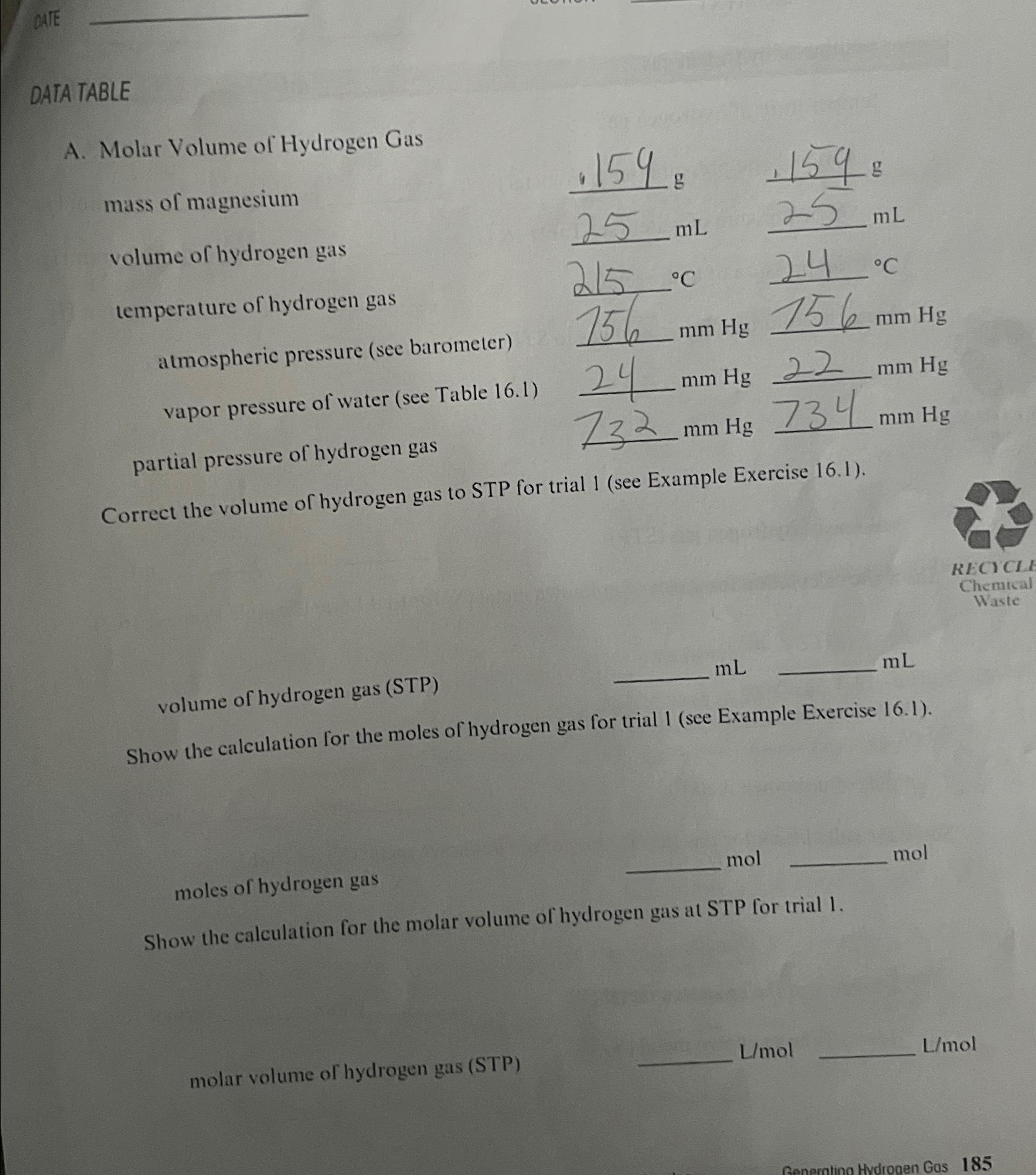 DATA TABLEA. ﻿Molar Volume of Hydrogen Gasmass of | Chegg.com