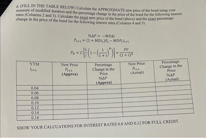 d. (FILL IN THE TABLE BELOW) Calculate the | Chegg.com