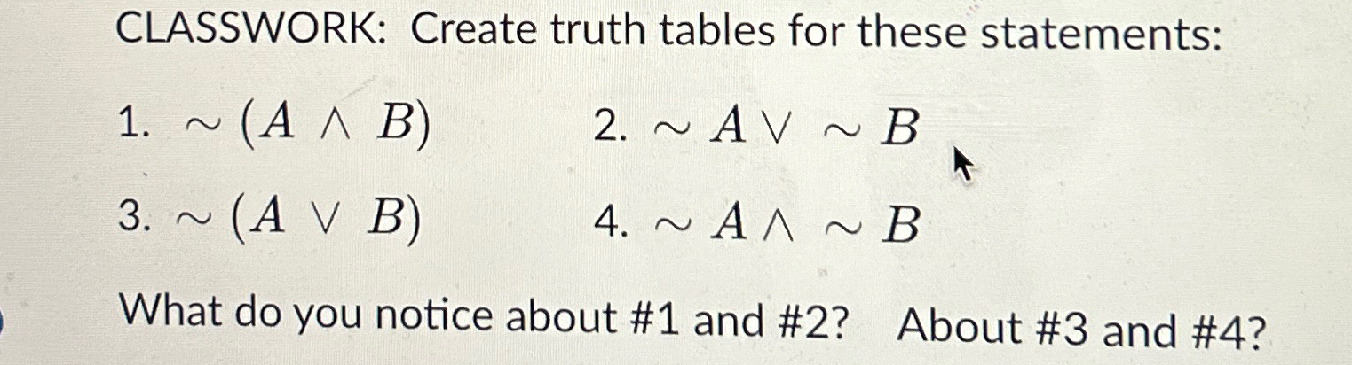 Solved CLASSWORK: Create truth tables for these | Chegg.com