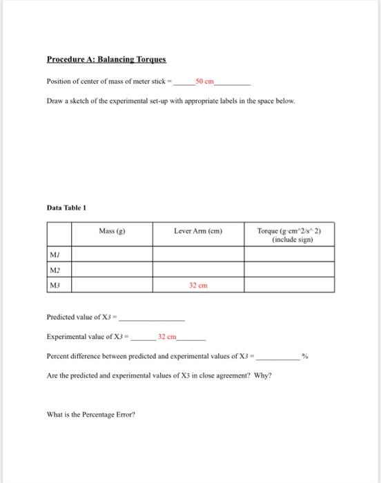 Procedure A: Balancing Torques Position of center of | Chegg.com