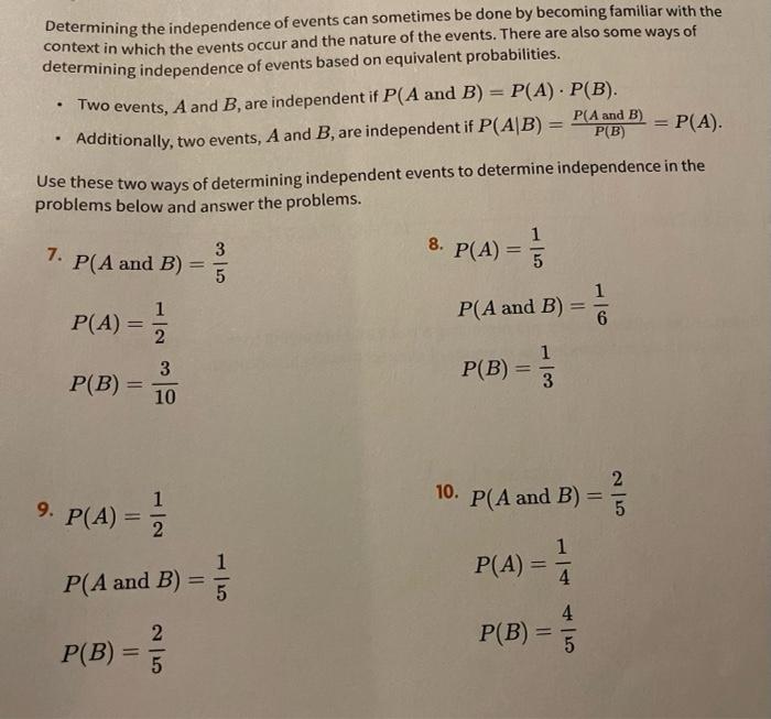 Solved Two events, A and B, are independent if P(A and B) = | Chegg.com