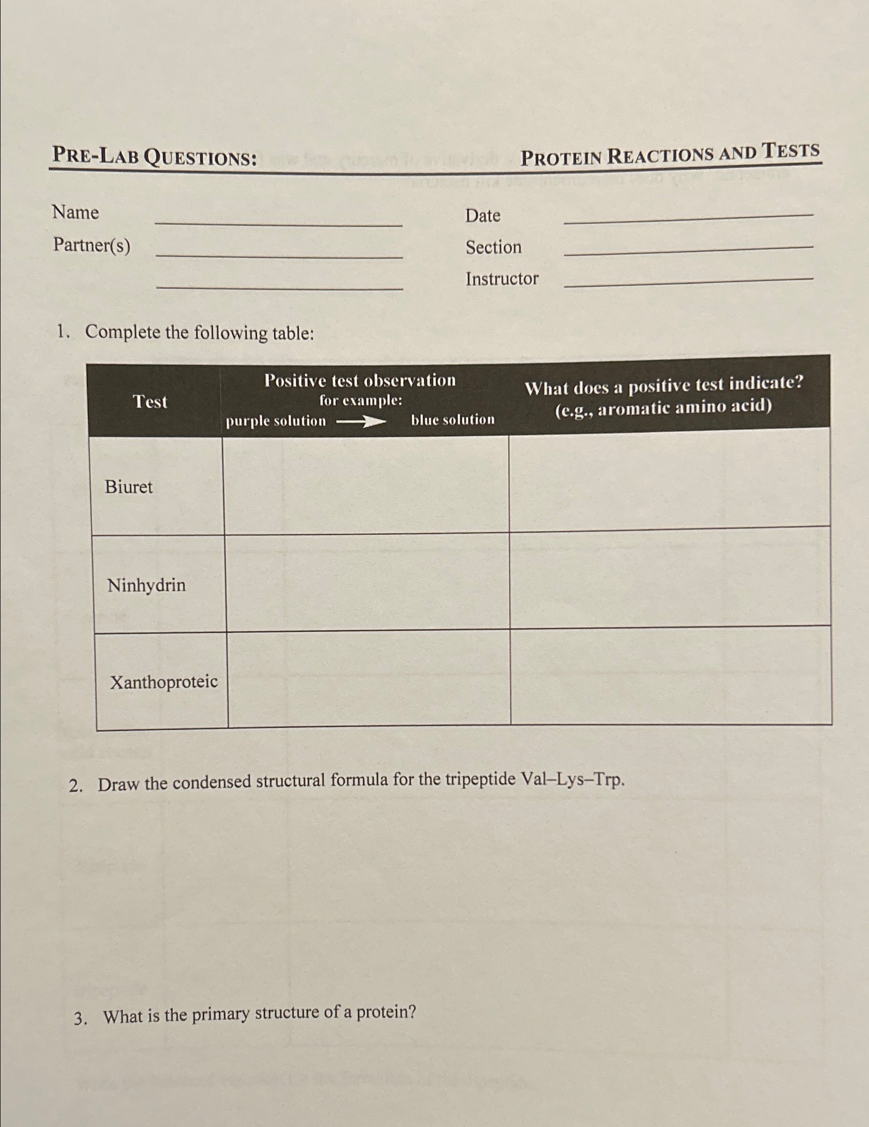 Solved Pre-LAB QUeStions:PROTEIN REACTIONS AND | Chegg.com