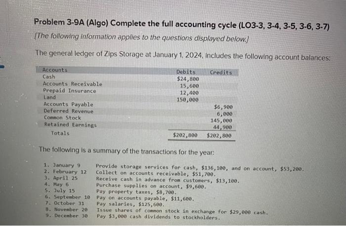 Solved Problem 3-9A (Algo) Complete the full accounting | Chegg.com