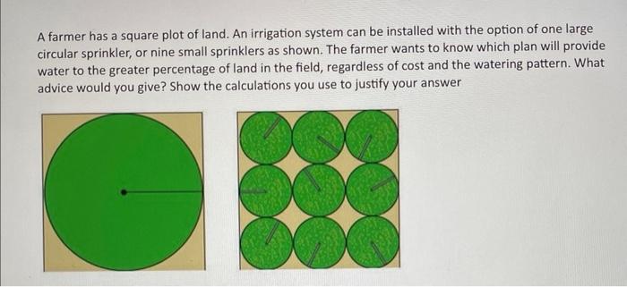 Solved A farmer has a square plot of land. An irrigation | Chegg.com