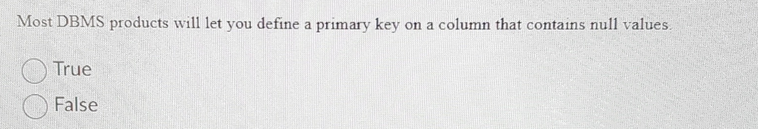 Solved Most DBMS products will let you define a primary key | Chegg.com