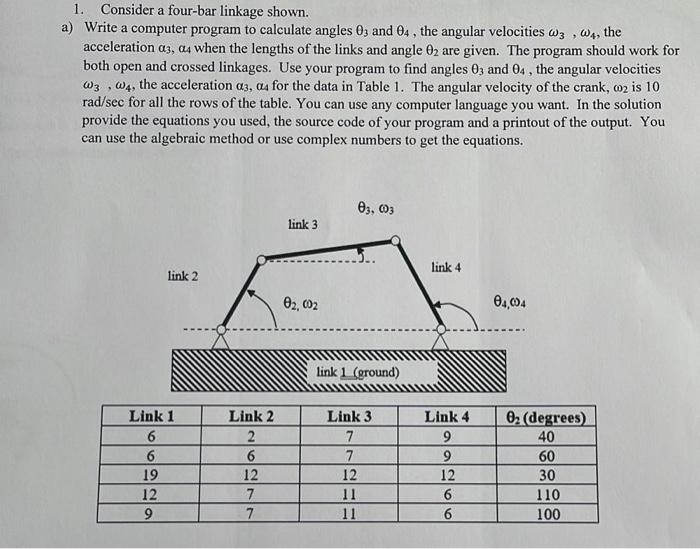 Solved 1. Consider a four-bar linkage shown. a) Write a | Chegg.com