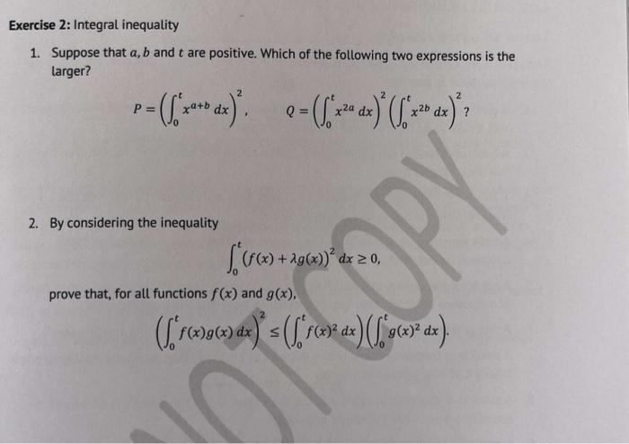 Solved Exercise 2: Integral inequality 1. Suppose that a, b | Chegg.com