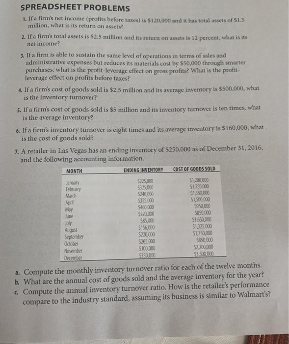 Solved SPREADSHEET PROBLEMS 1. If a firm's net income | Chegg.com