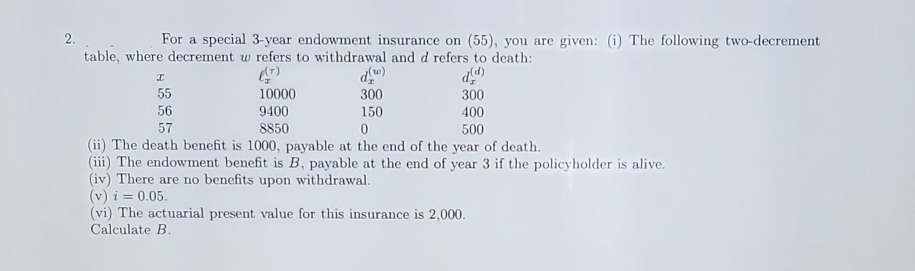Solved For a special 3-year endowment insurance on (55), you | Chegg.com
