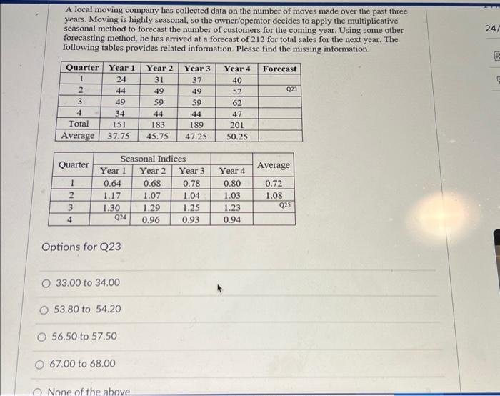 Solved A local moving company has collected data on the | Chegg.com