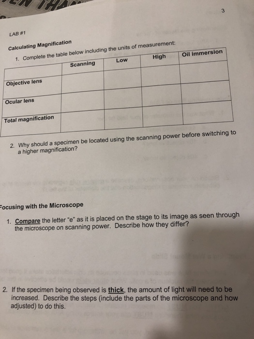 Solved LAB #1 Oil immersion Calculating Magnification 1. | Chegg.com