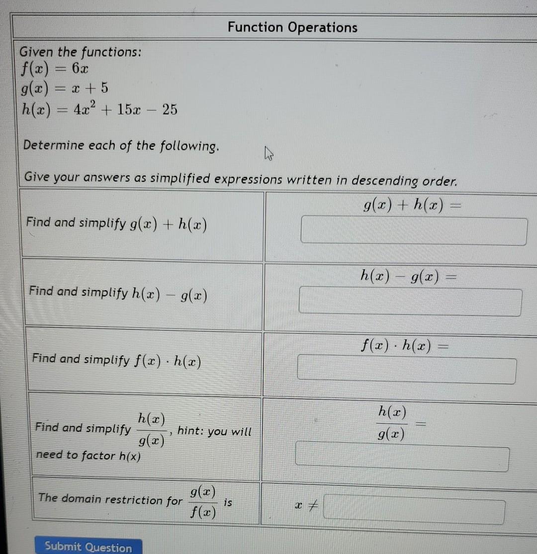 Solved Function Operations Given the functions: f(x) = 63 | Chegg.com