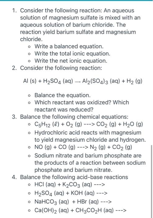 Solved 1. Consider the following reaction: An aqueous | Chegg.com