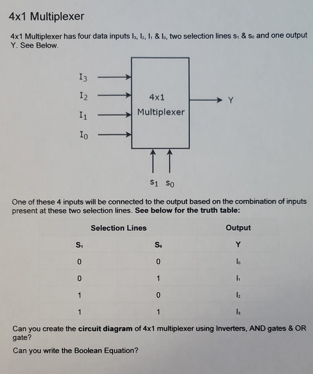 4×1 Multiplexer has four data inputs I3,I2,I1&I0, two | Chegg.com