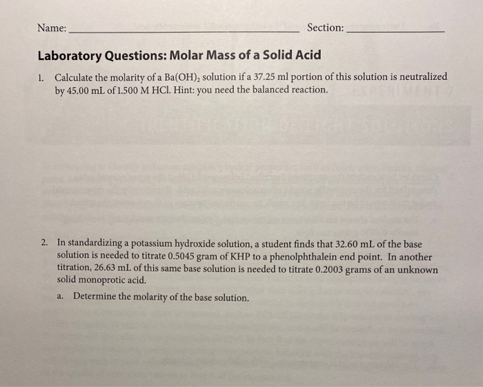 Solved Name: Section: Laboratory Questions: Molar Mass of a | Chegg.com