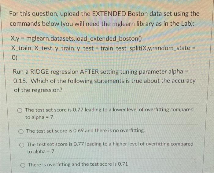 Solved For this question, upload the EXTENDED Boston data | Chegg.com
