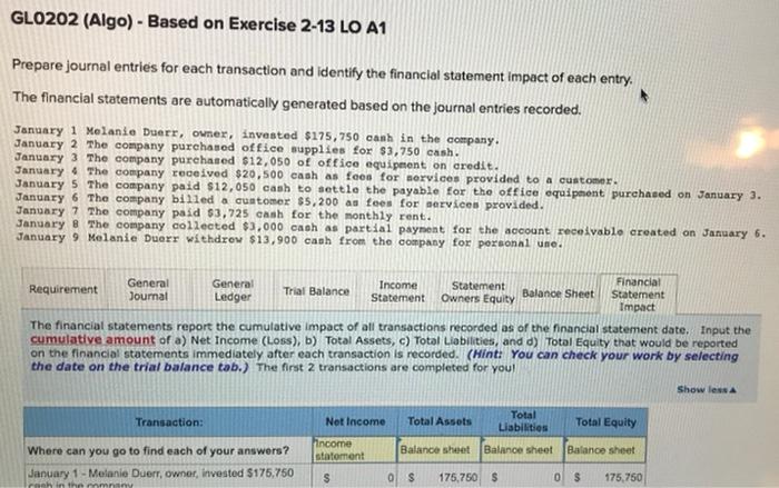 Solved GLO202 (Algo) - Based on Exercise 2-13 LO A1 Prepare | Chegg.com