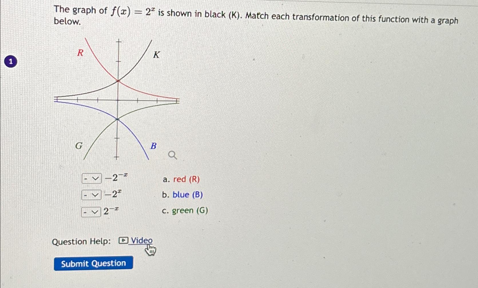 Solved The graph of f(x)=2^(x) is shown in black (K). Match | Chegg.com