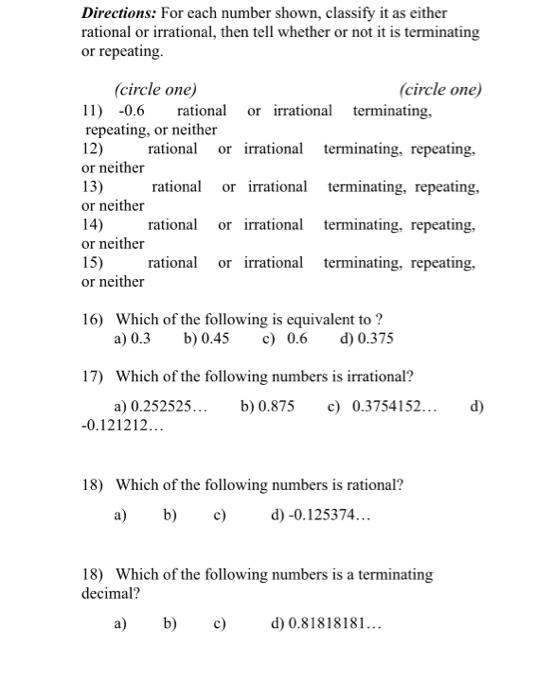 Solved Directions: For each number shown, classify it as | Chegg.com