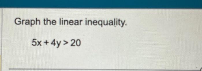 Solved Graph the linear inequality. 5x+4y>20Graph the | Chegg.com