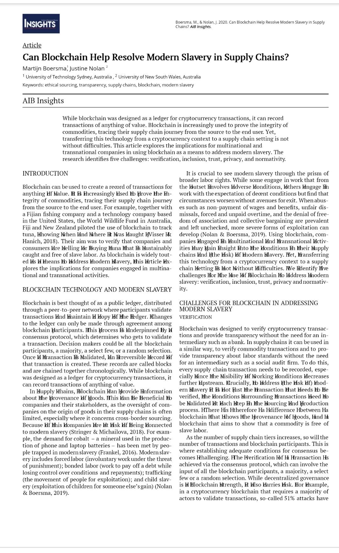 Solved Article Can Blockchain Help Resolve Modern Slavery in | Chegg.com