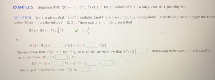 Solved EXAMPLES Suppose that f(0) = -5 and f'(x) 7 for all | Chegg.com