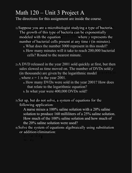 Math 120 - Unit 3 Project A The directions for this | Chegg.com
