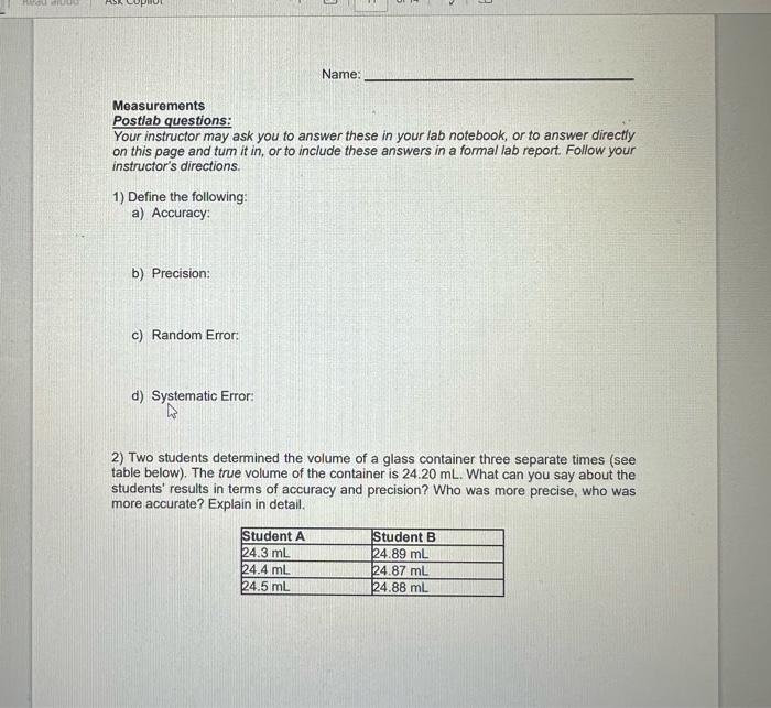 Solved Measurements Postlab questions: Your instructor may | Chegg.com