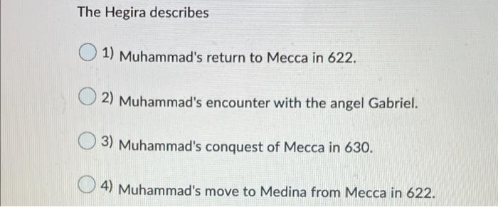The Hegira describes 1) Muhammad's return to Mecca in | Chegg.com