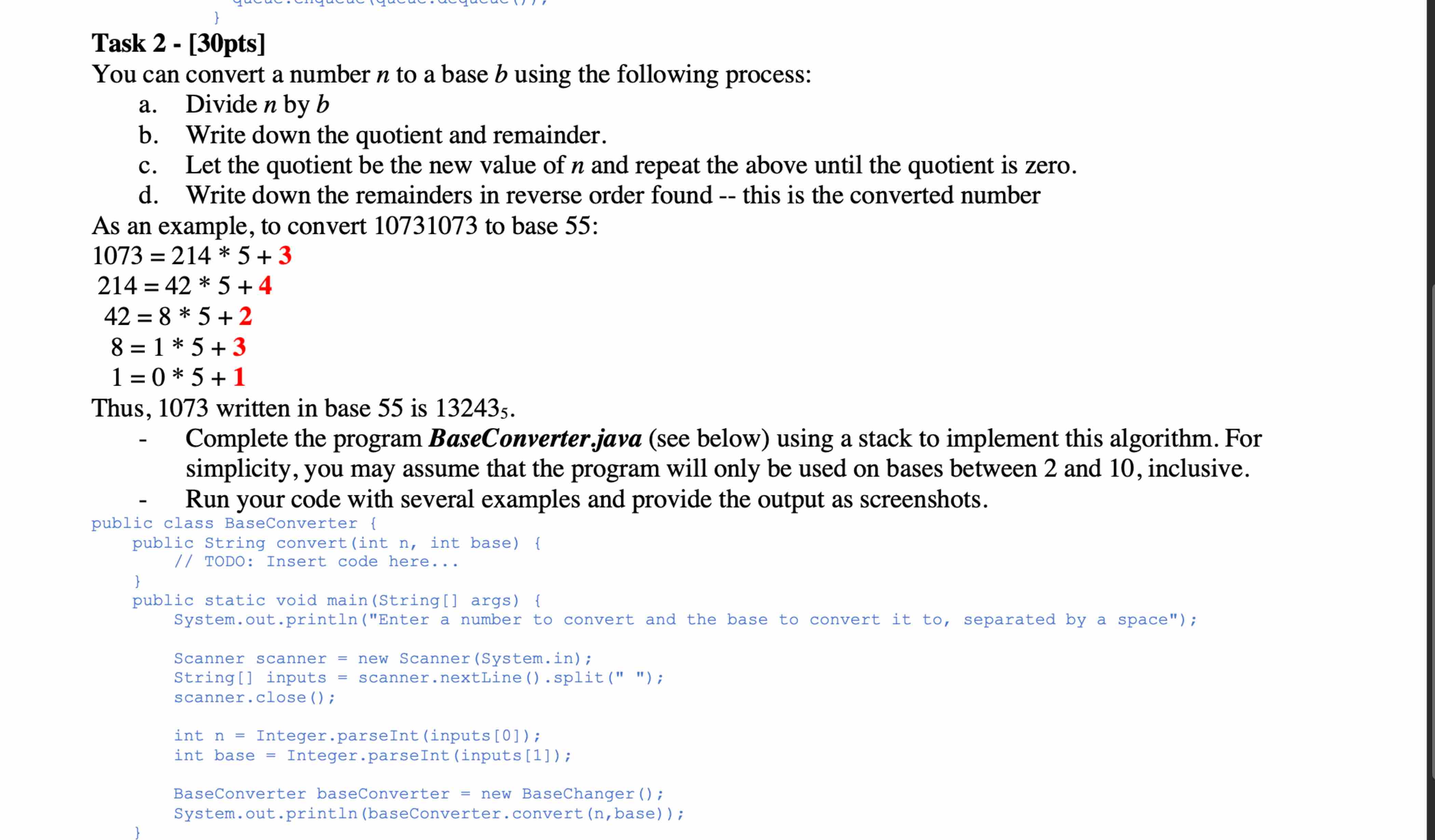 Solved Task 2 - [30pts]You can convert a number n ﻿to a base | Chegg.com