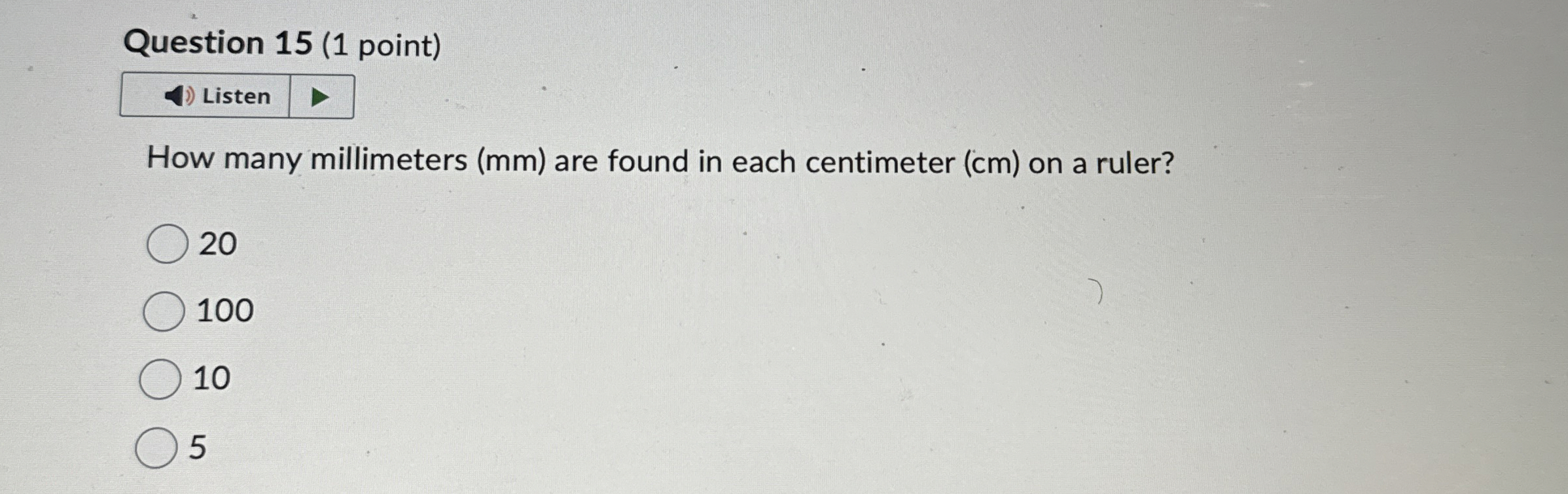 Solved Question 15 (1 ﻿point)How many millimeters (mm) ﻿are | Chegg.com
